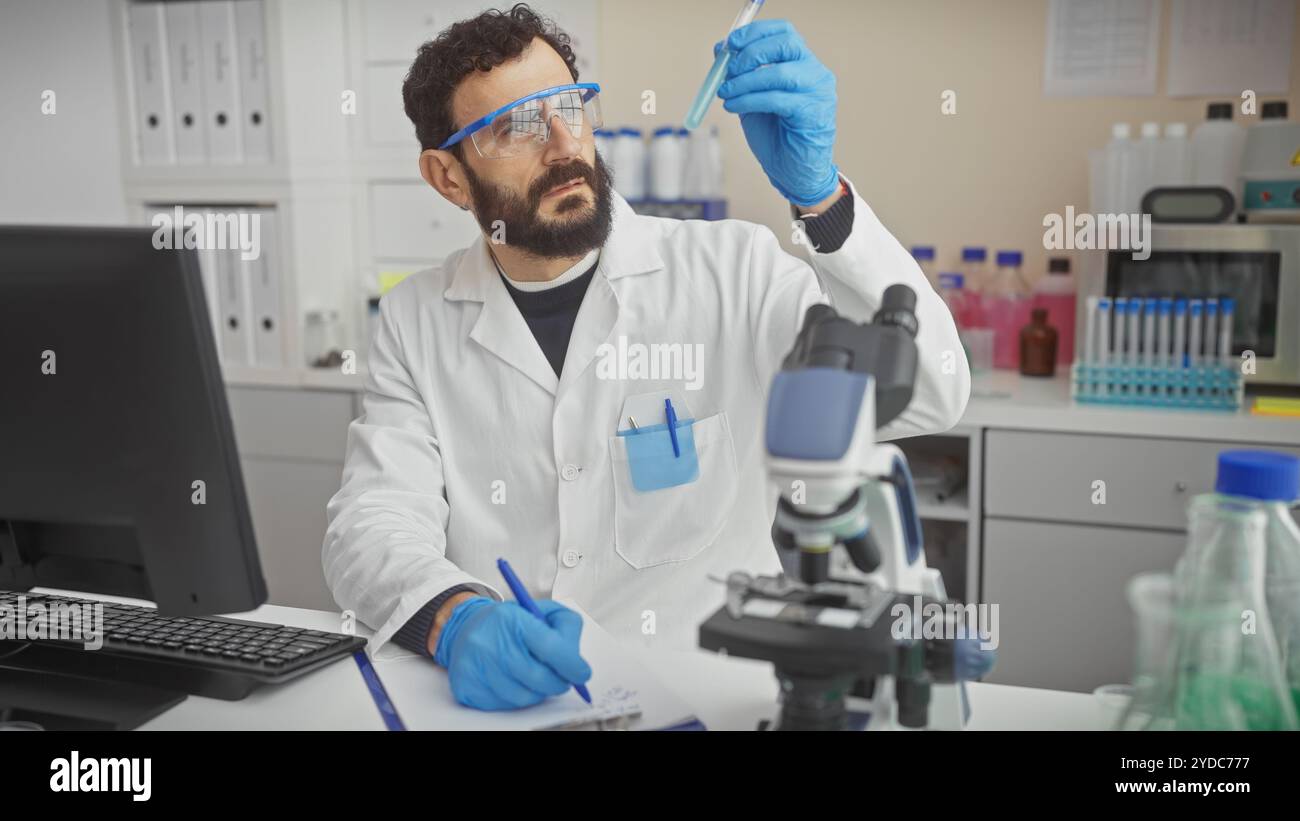Bearded scientist in lab coat analyzing a test tube in a modern ...