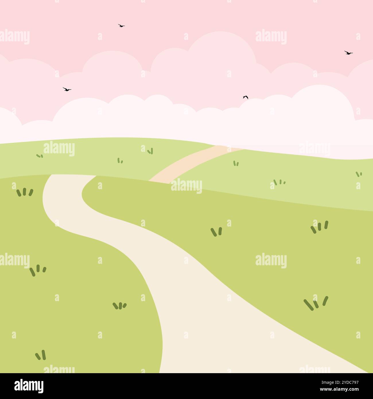 Cute kawaii meadow landscape with cloud and bird on the background ...
