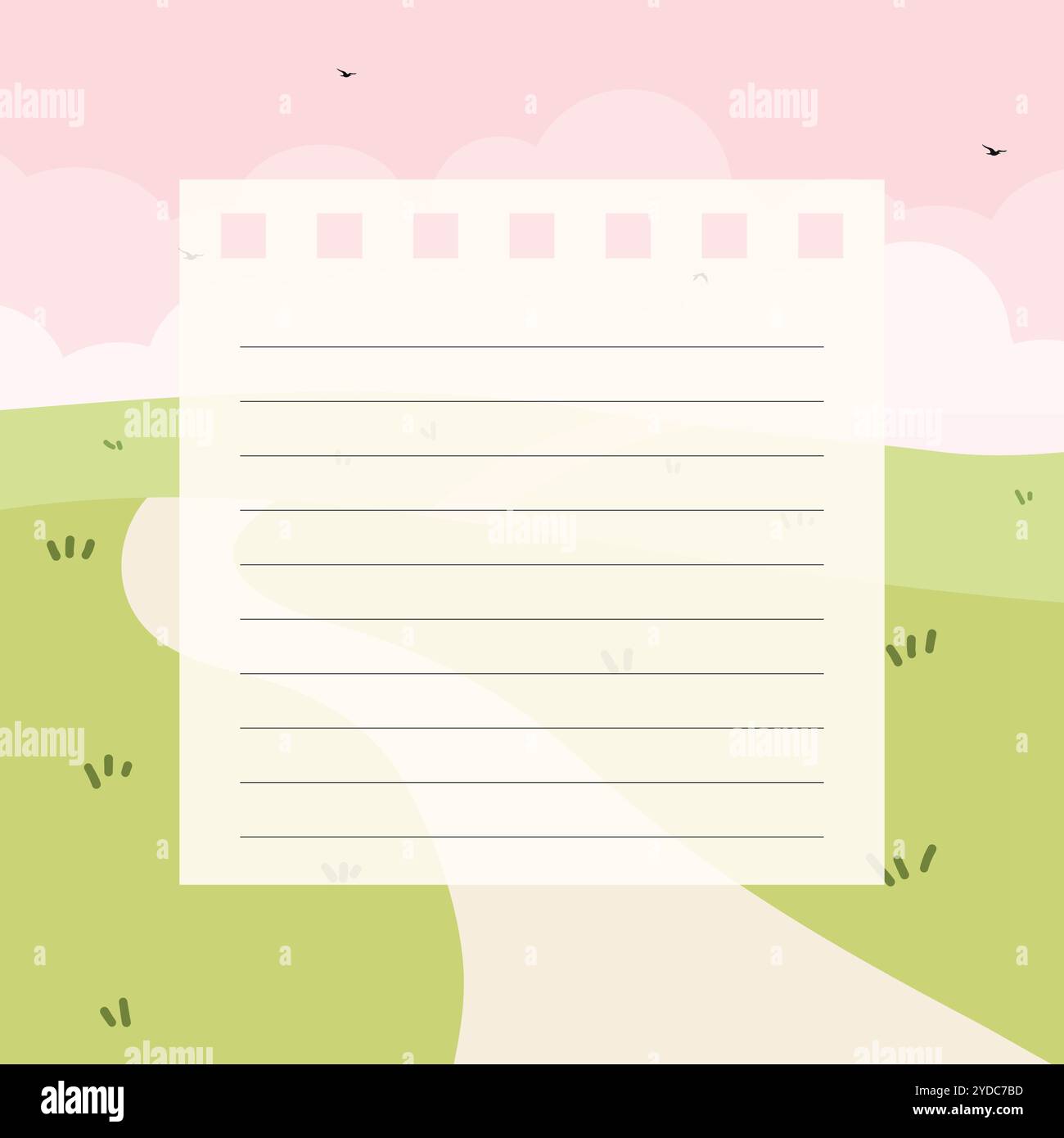 Cute kawaii notepad with meadow landscape, cloud and bird on the ...