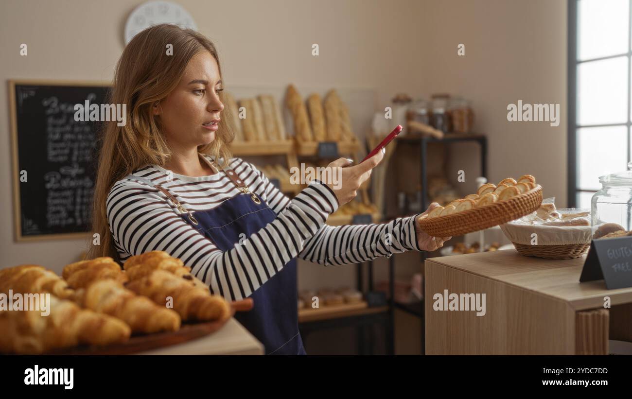 Young woman taking photo of pastries in a bakery shop interior Stock ...