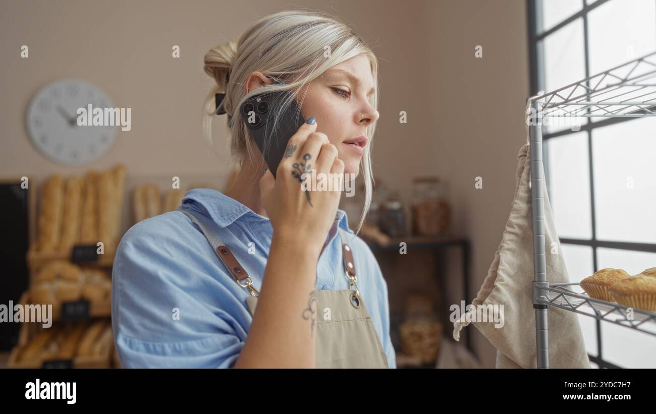 Blonde woman holding phone in bakery shop with shelves of bread and ...