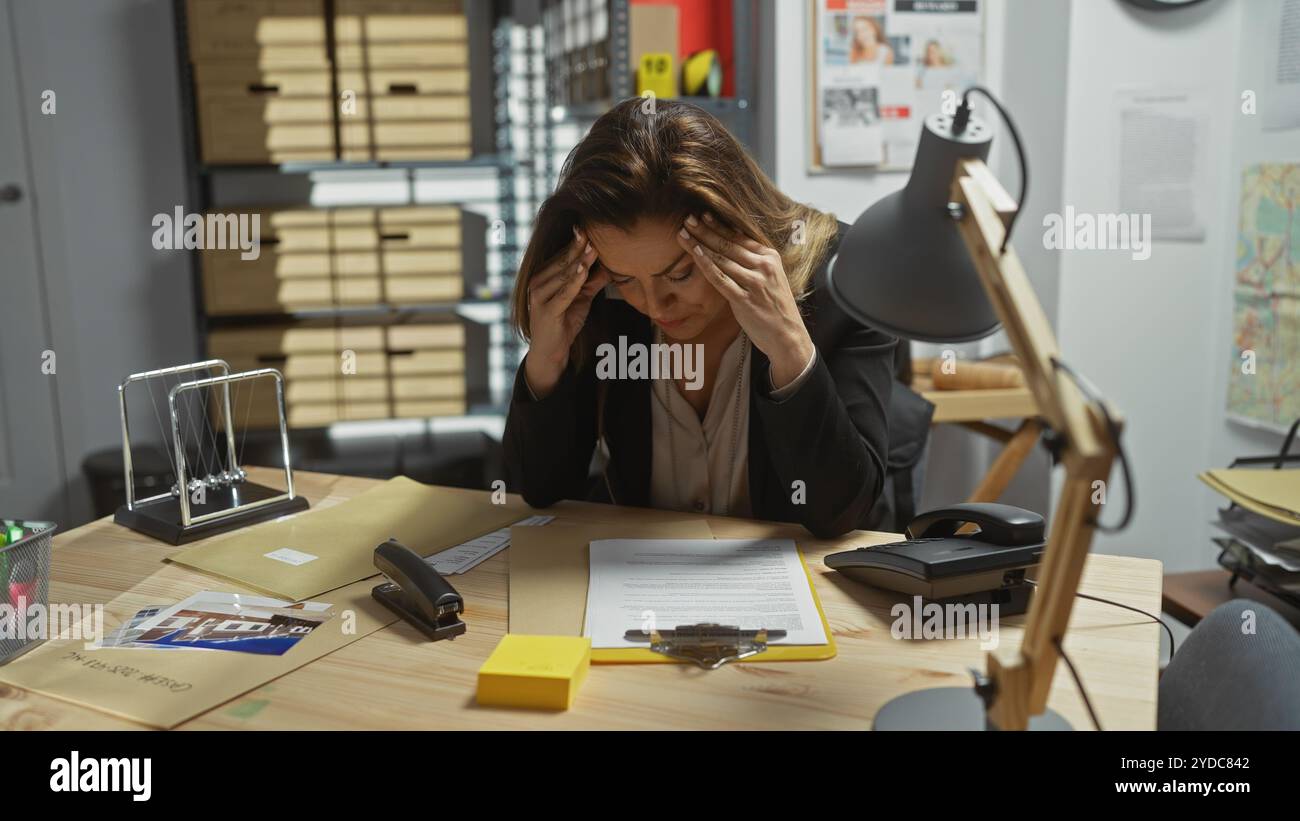 A stressed hispanic woman detective with a badge in a cluttered police ...