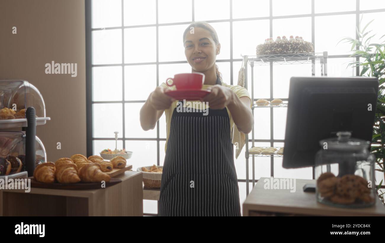 Woman serving coffee at a bakery with a smile, surrounded by pastries ...