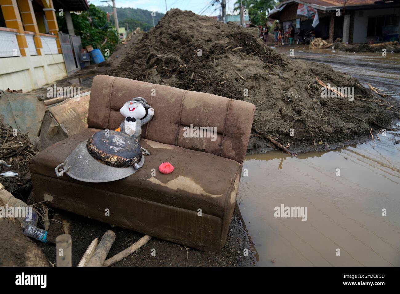 A rabbit doll sits on a mud-covered sofa after a landslide triggered by ...