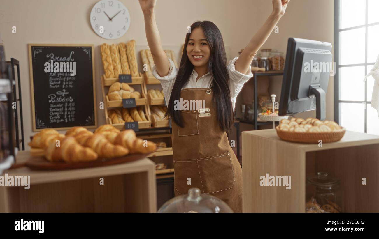 Young chinese woman in a bakery shop with pastries celebrating indoors ...