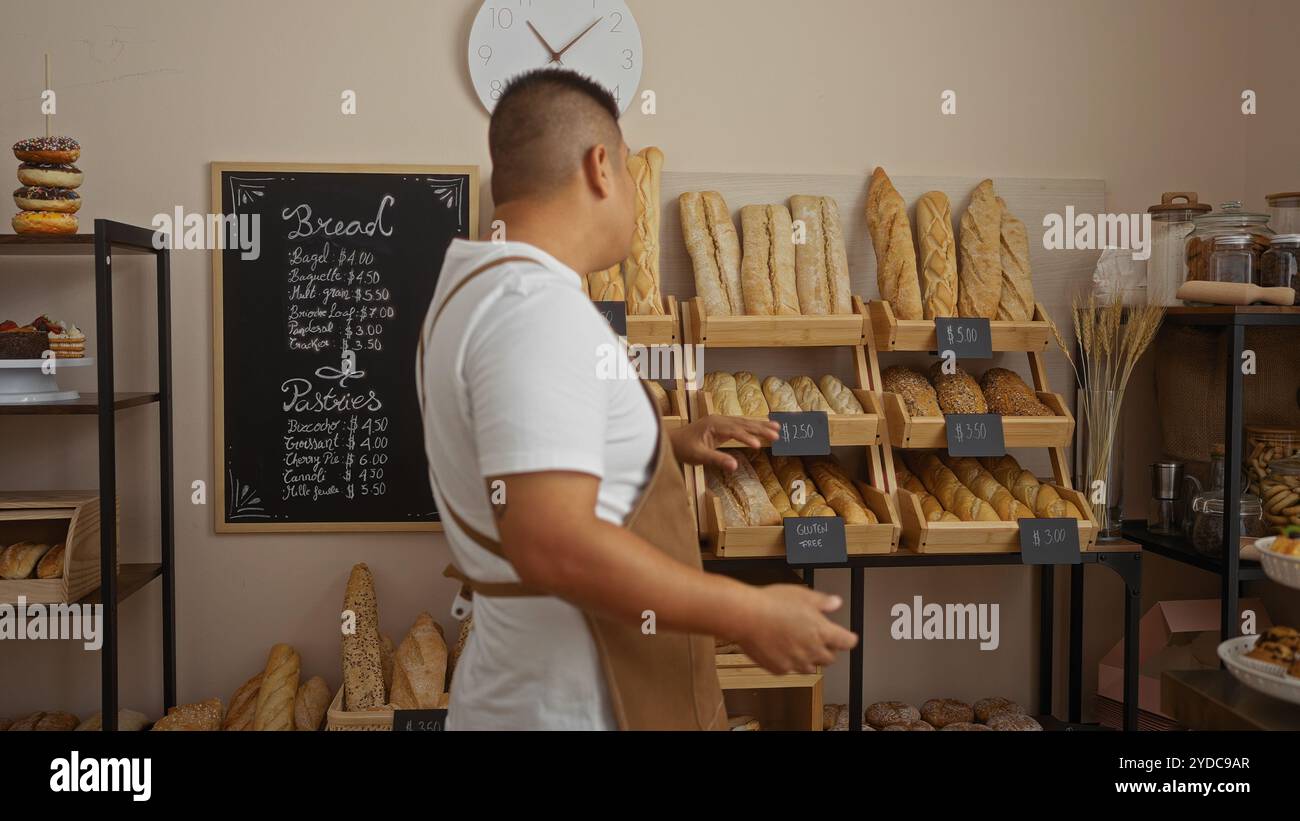 Young hispanic man inside a bakery shop organizing bread on wooden ...