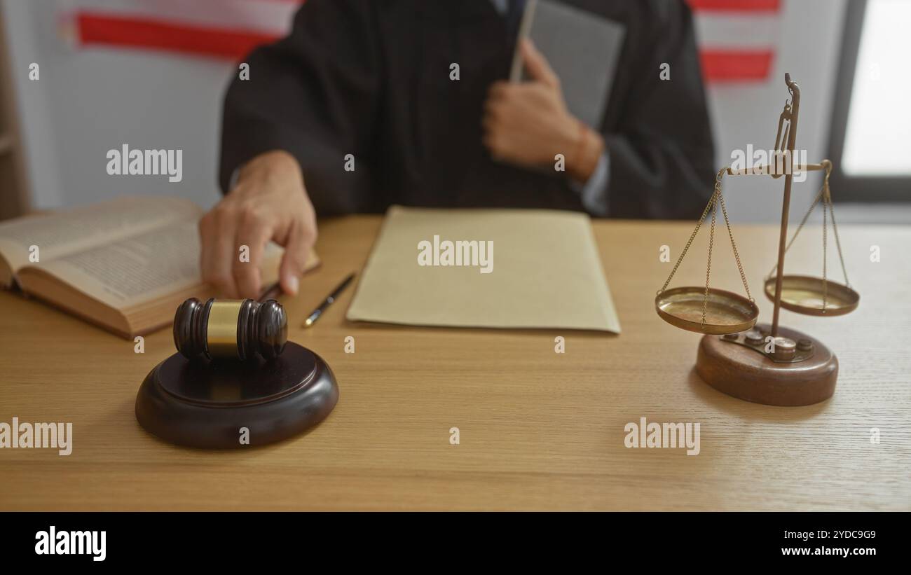 Judge in courtroom with gavel and scales of justice Stock Photo - Alamy