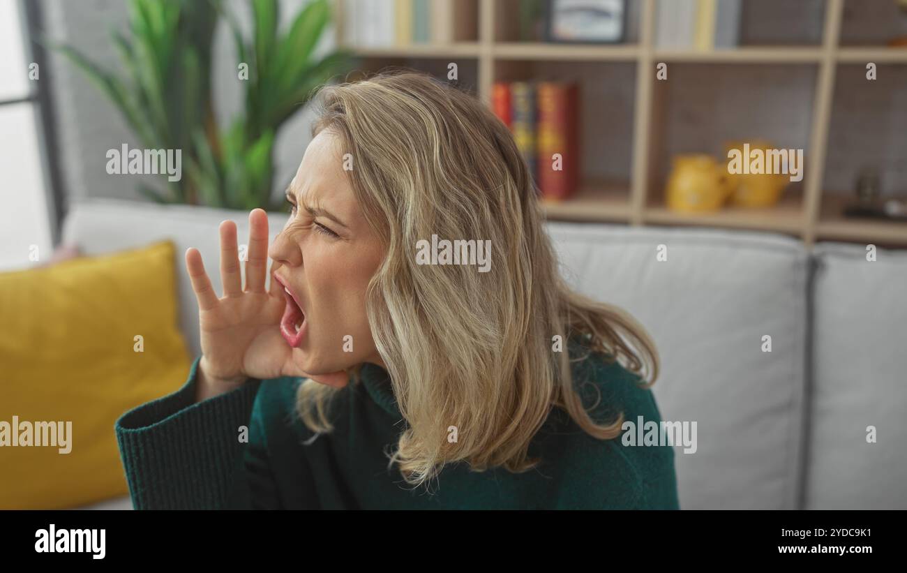 Blonde woman shouting indoors, expressing frustration in a modern ...