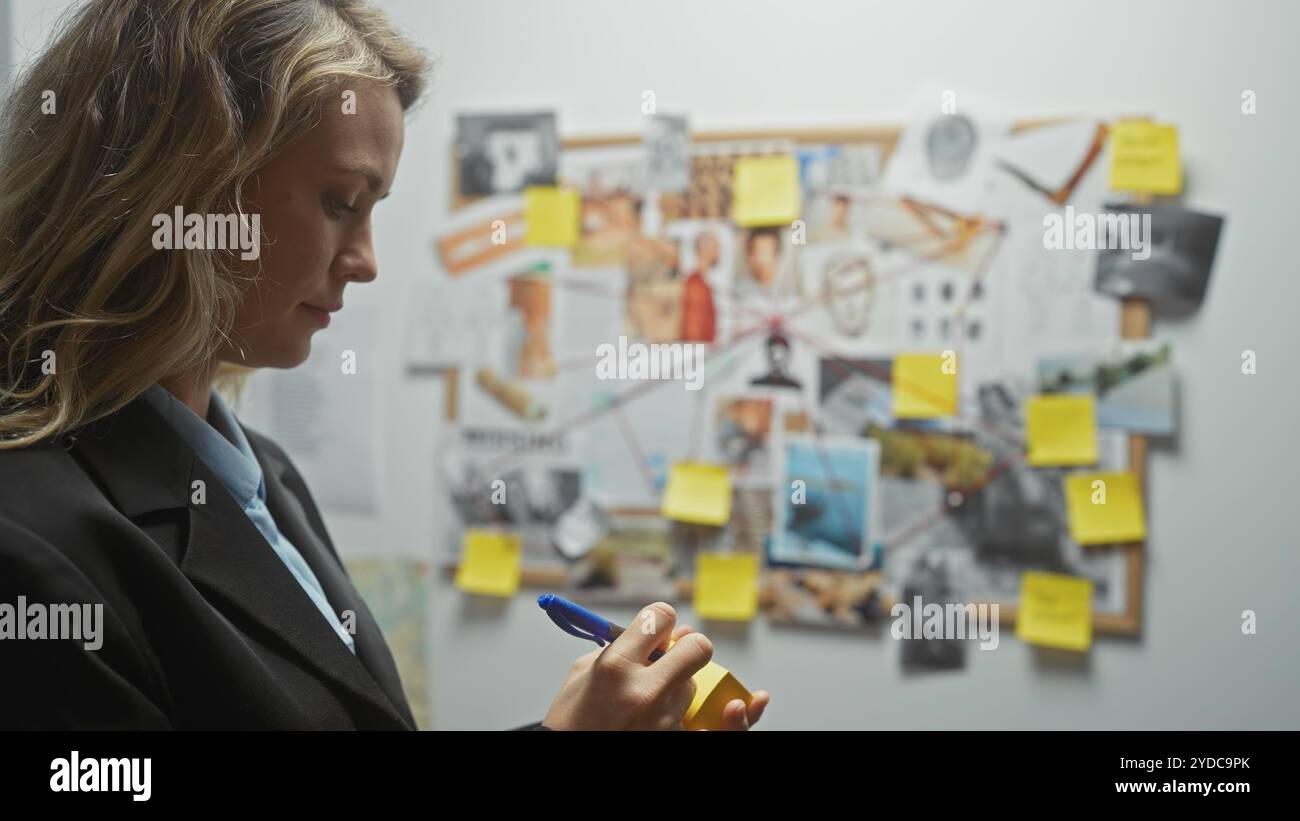 Blonde woman detective analyzes evidence board in police office ...