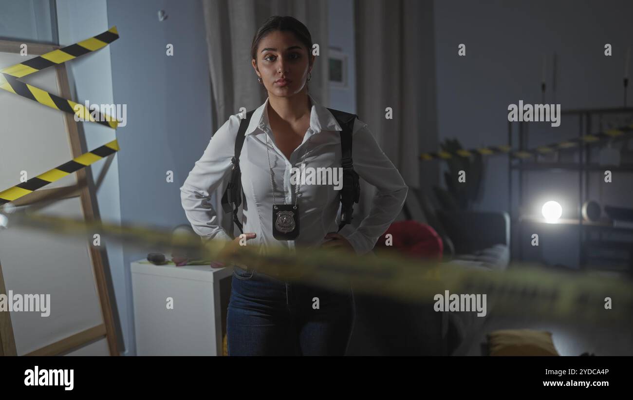 A serious young hispanic woman police officer stands in a dimly lit ...
