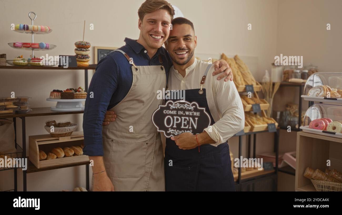 Two handsome male bakers in aprons holding an open sign inside a bakery ...