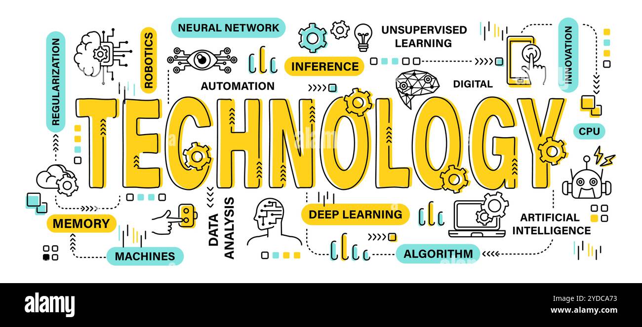 Technology . Word with outline icon art banner style . Editable stroke ...