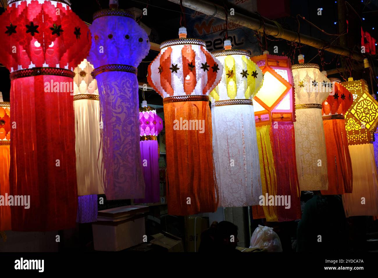 Series of colourful aakash kandil lights displayed in Pune city area, during Diwali Festival ...