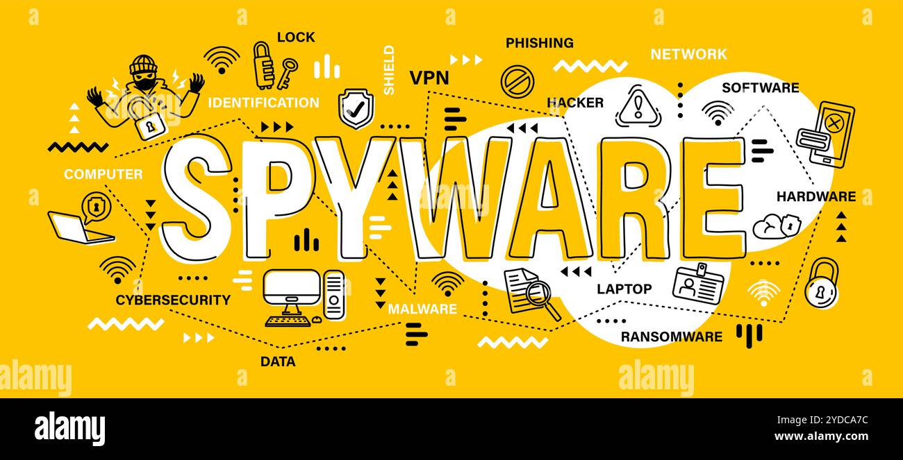 Spyware . Cybersecurity concept . Word with outline icon art banner ...