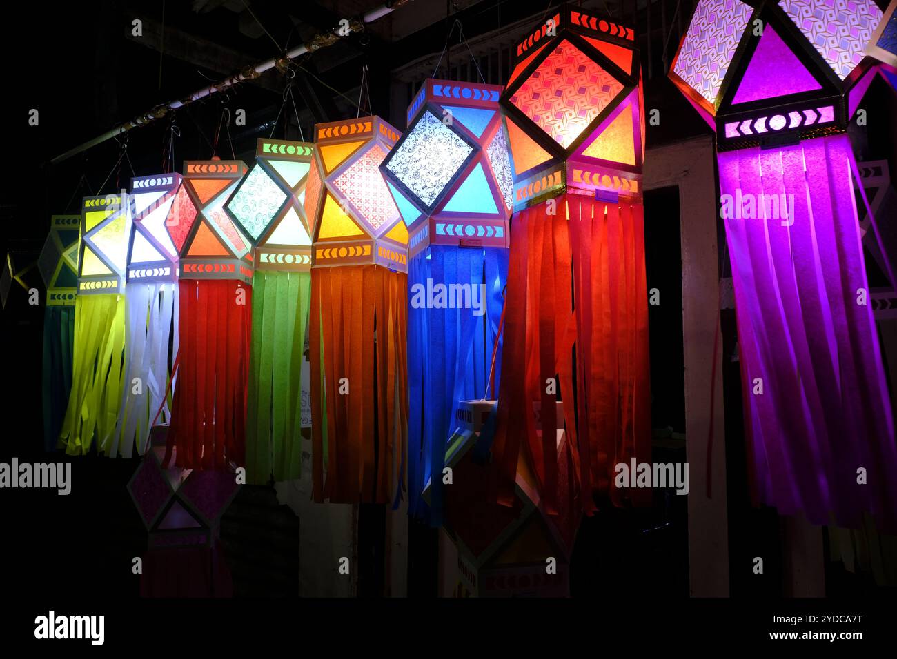 Series of colourful aakash kandil lights displayed in Pune city area, during Diwali Festival ...