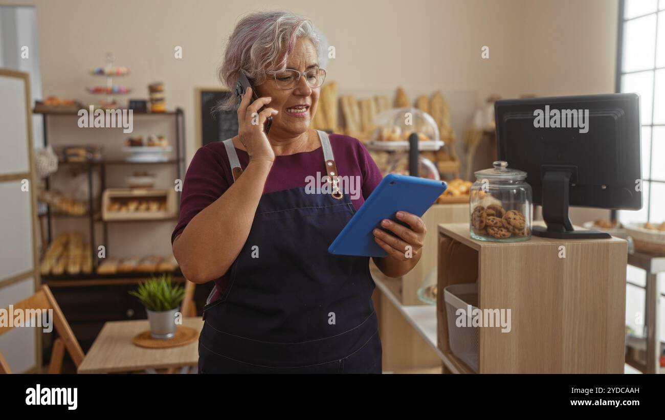 Mature woman with grey hair stands in a bakery, talking on the phone ...