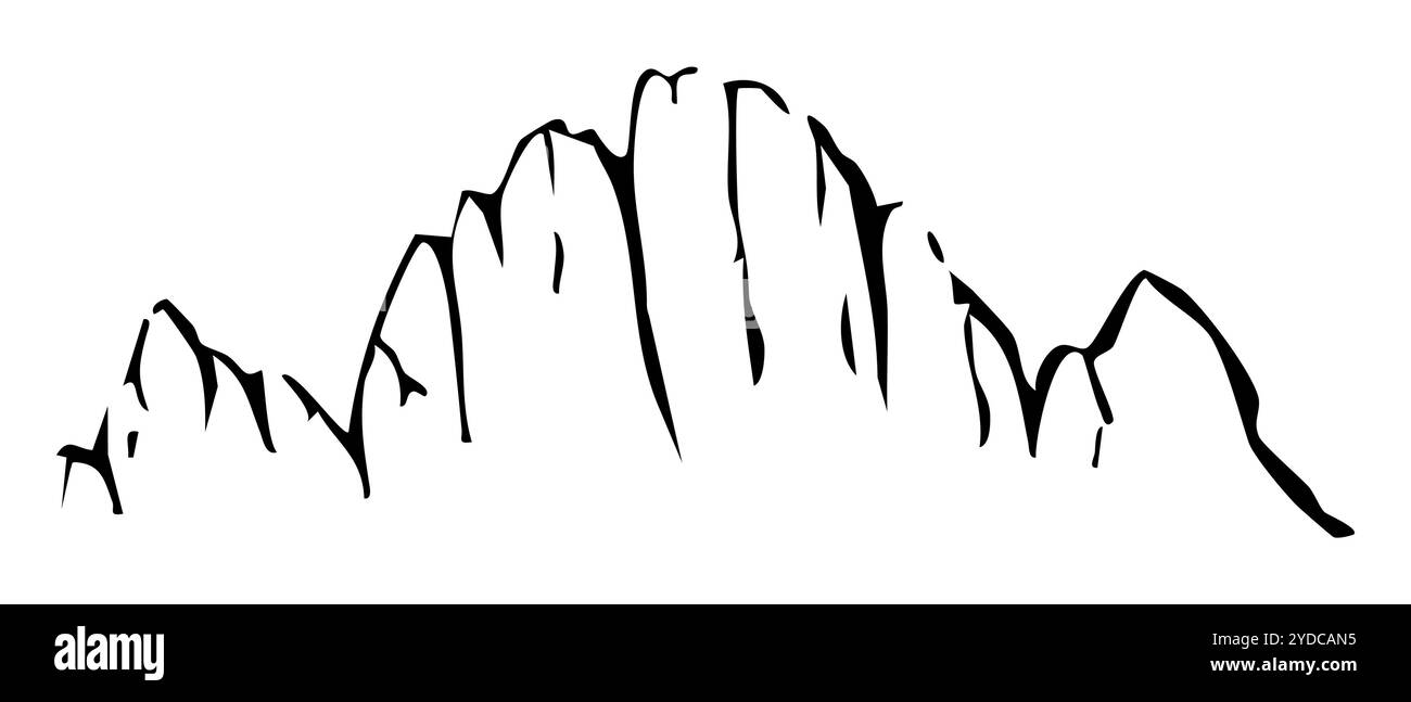 Mountain ridge, snowy peak, line wild nature. Hand drawn landscape, map ...