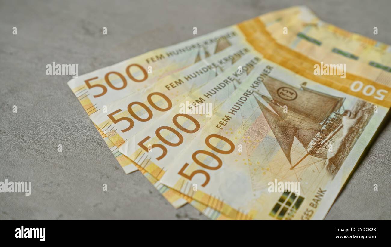 Norwegian banknotes showing 500 kroner denominations arranged on a ...