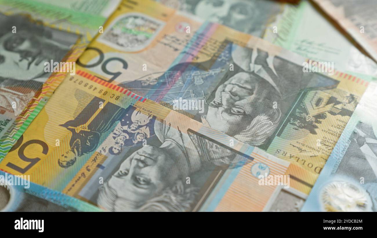 Closeup of colorful australian banknotes spread out in various ...