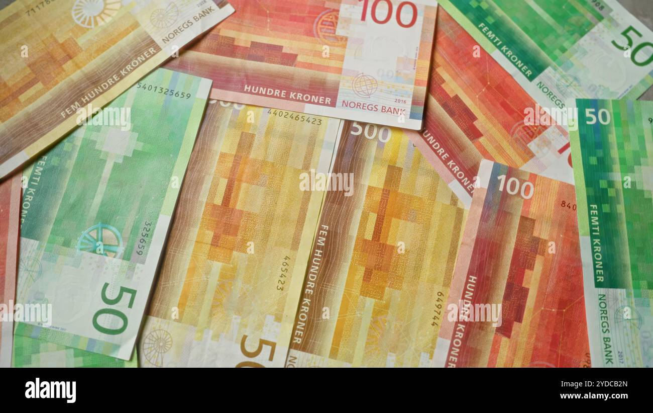 Norwegian kroner banknotes in various denominations, showcasing the ...