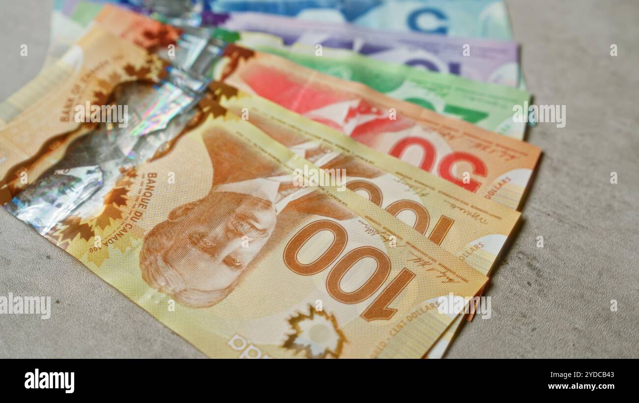 Canadian banknotes in various denominations placed on a concrete ...