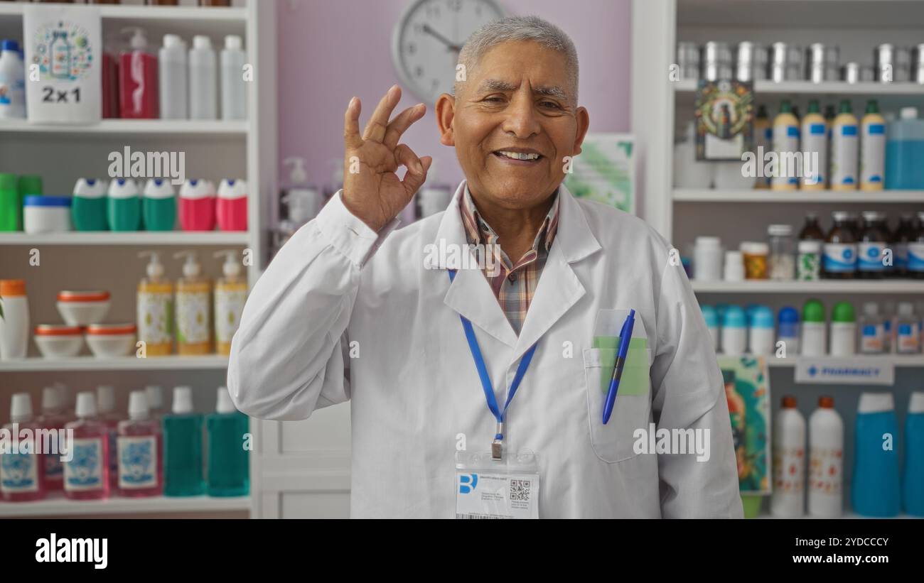 Hispanic elderly man with grey hair wearing a lab coat inside a ...
