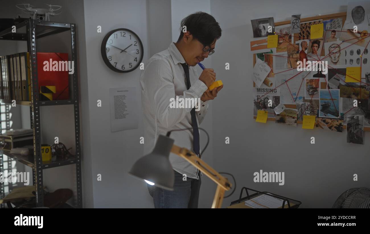 A focused young asian man takes notes in a well-organized detective's ...