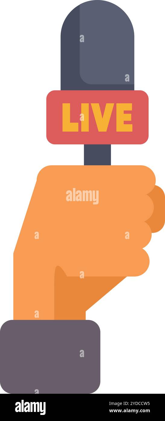 Hand holding a microphone with live sign, reporting directly from the scene of events Stock ...