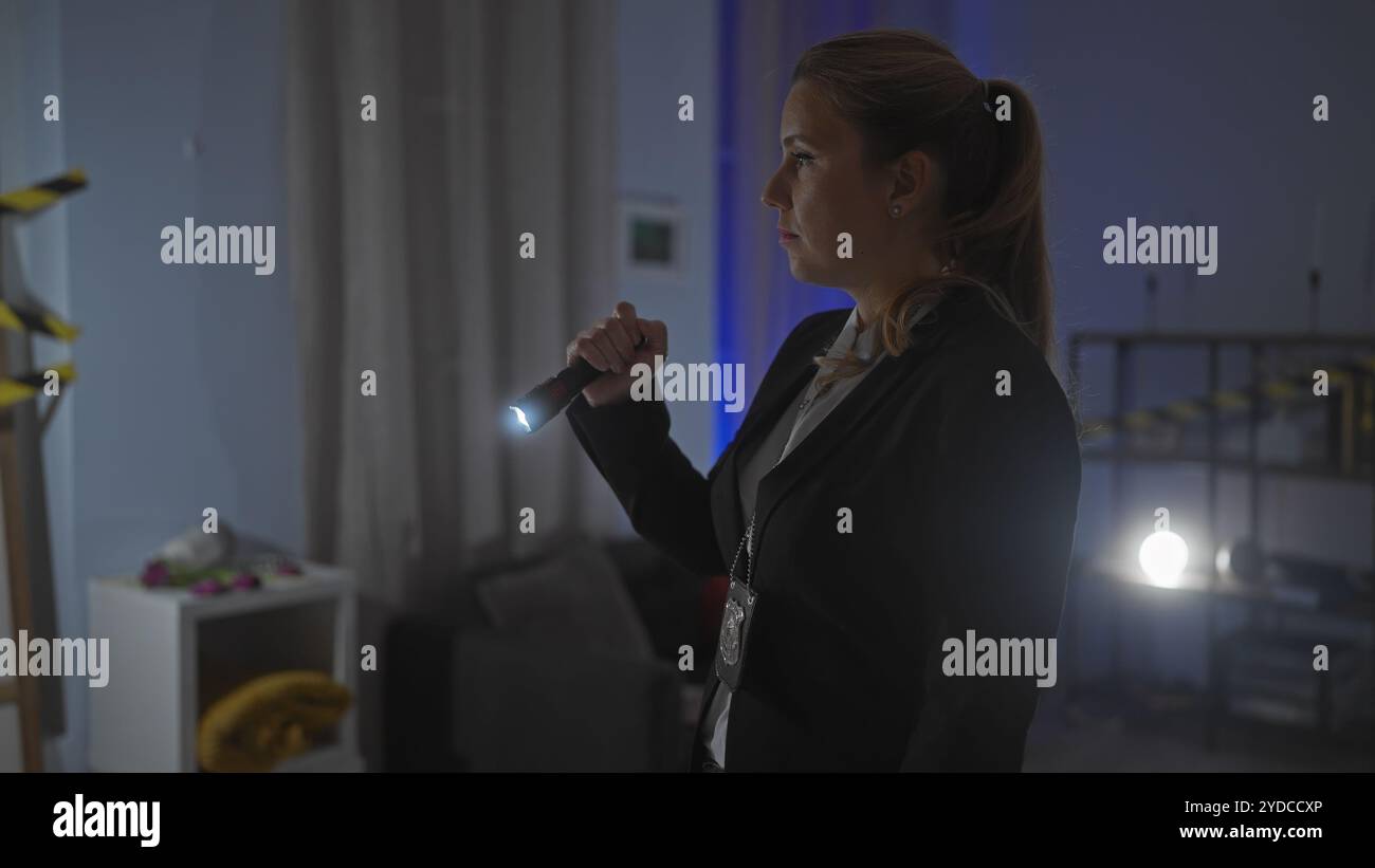 A blonde woman detective examines a dark indoor crime scene with a ...