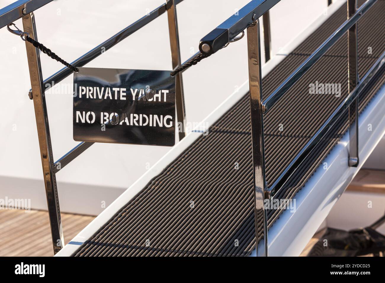 Bridge of a private luxury ship with a no entry private yacht sign ...