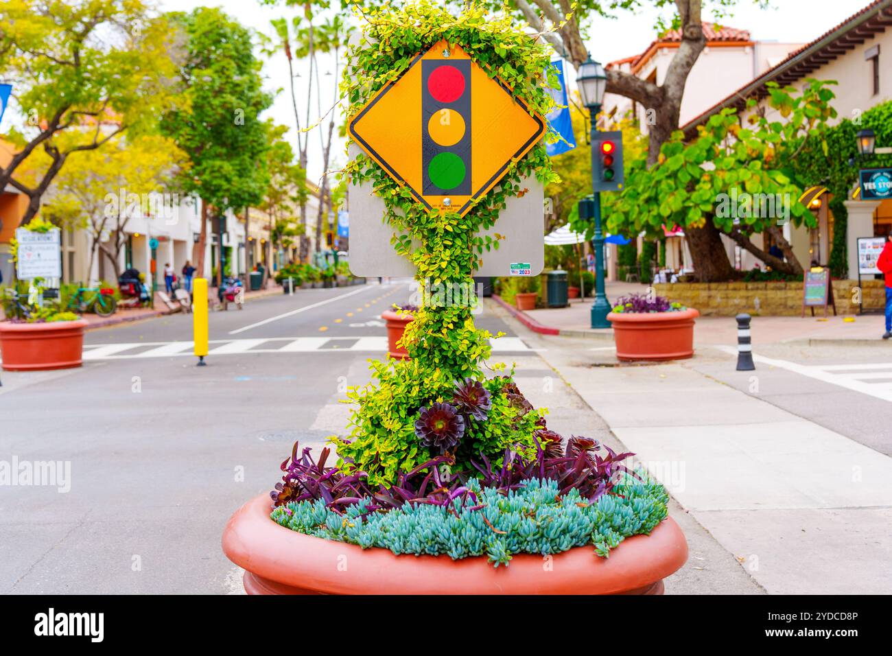Santa Barbara, California - April 20, 2024: Unique traffic signal sign ...
