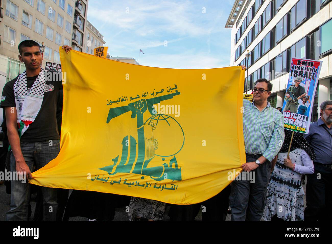 London, United Kingdom. 03 June 2010. A Hezbollah flag is raised during ...