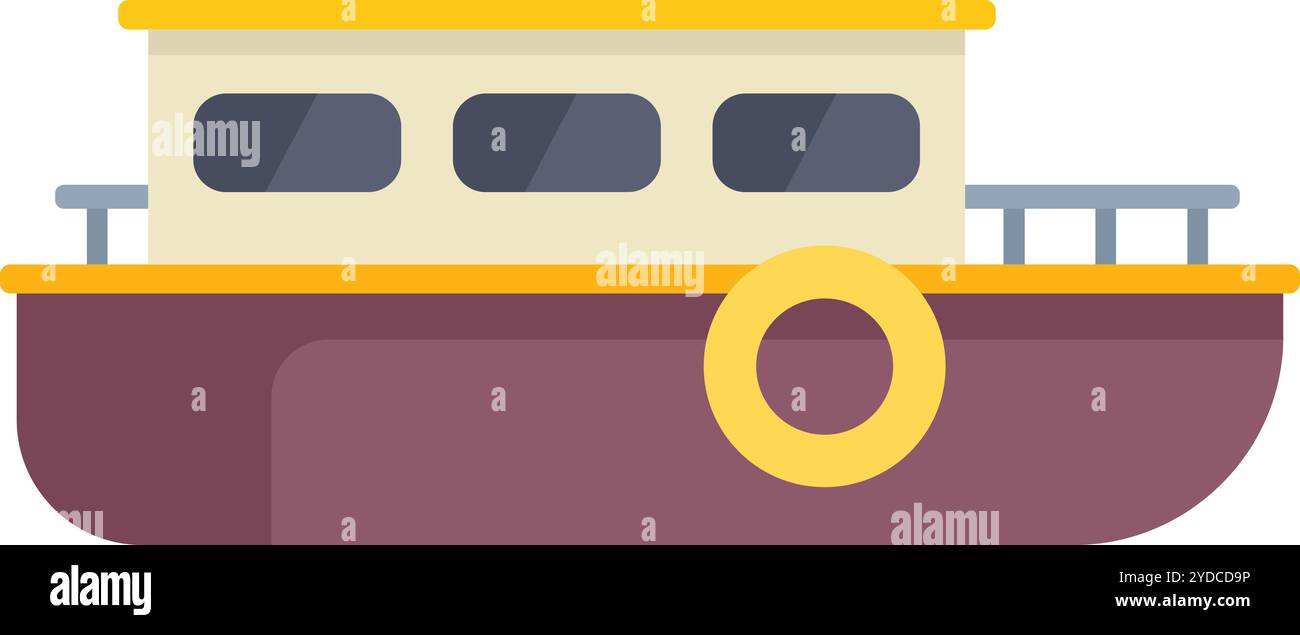 Small river passenger ship with lifebuoy floating on water surface ...