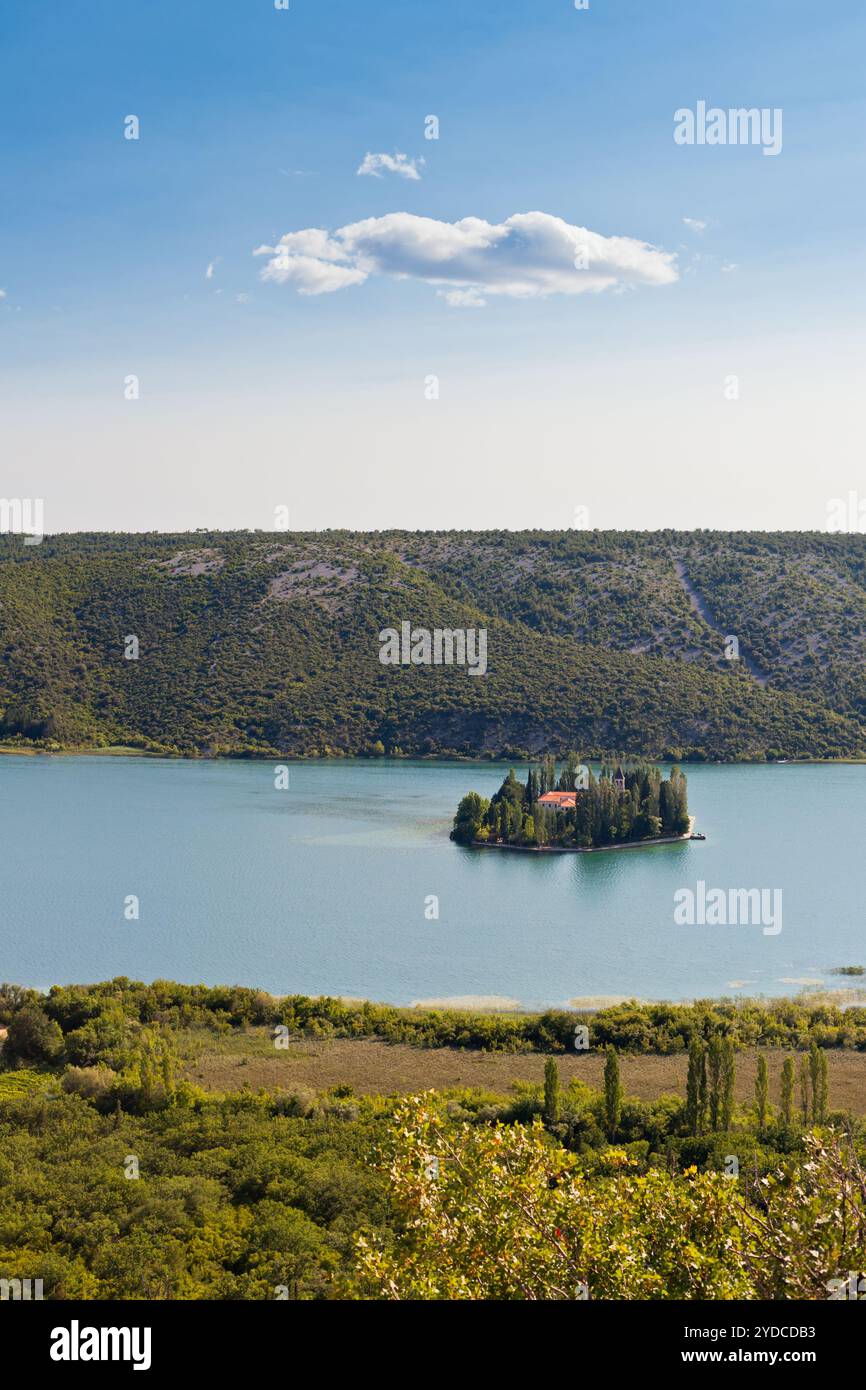 Visovac christian monastery on the island in The Krka National park, Croatia. Aerial view Stock ...
