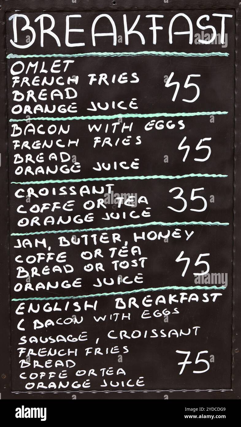 Street cafe breakfast menu written in chalk on a blackboard Stock Photo ...