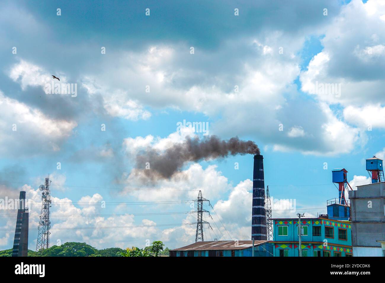Brick factories air pollution, Factory pipe polluting air, Environmental problems, Chimney of ...