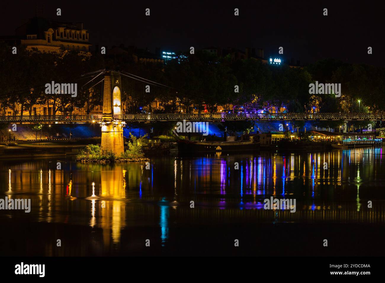 Bridge over Rhone river in Lyon, France at night Stock Photo - Alamy