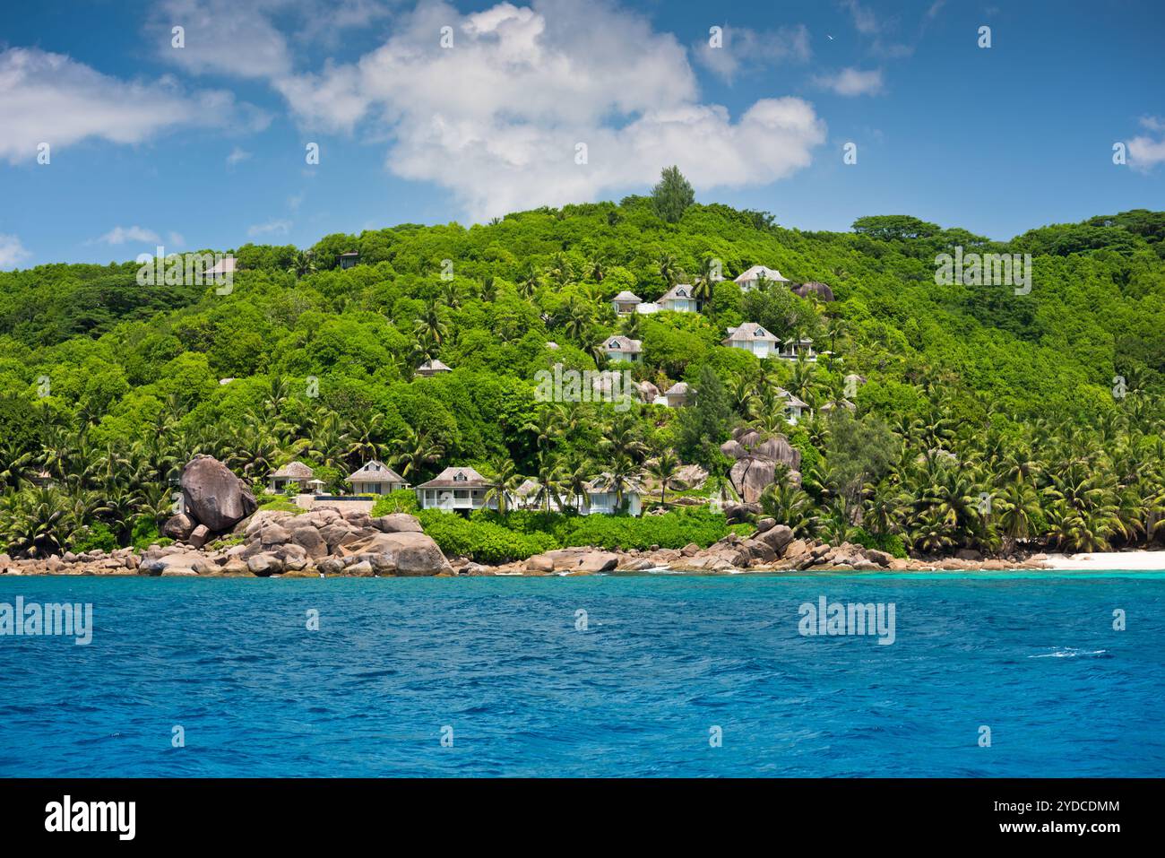 View of Seychelles coastline with houses in the forest Stock Photo - Alamy