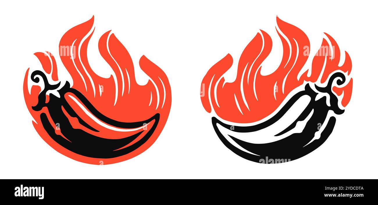 Red chili pepper and fire emblem symbol. Spice food logo icon vector ...