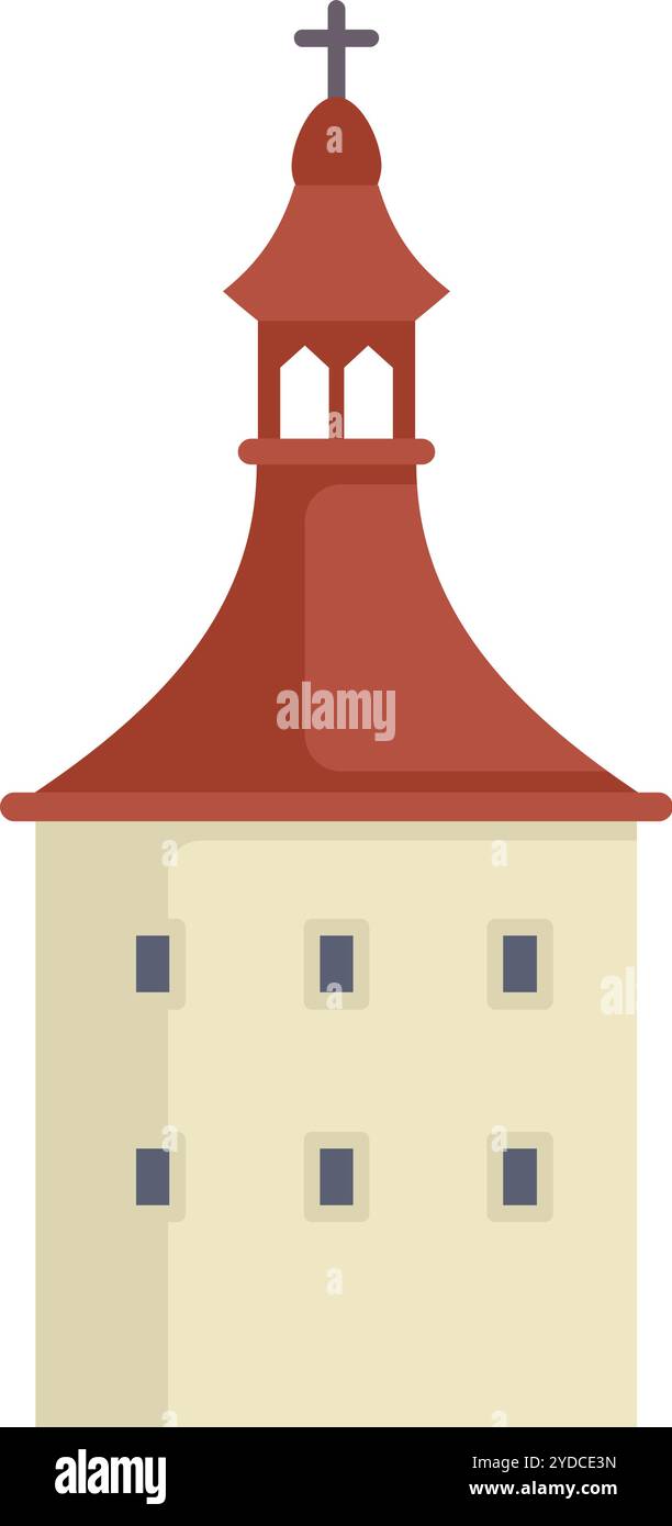 Simple flat vector illustration of a medieval european building featuring a bell tower with a ...