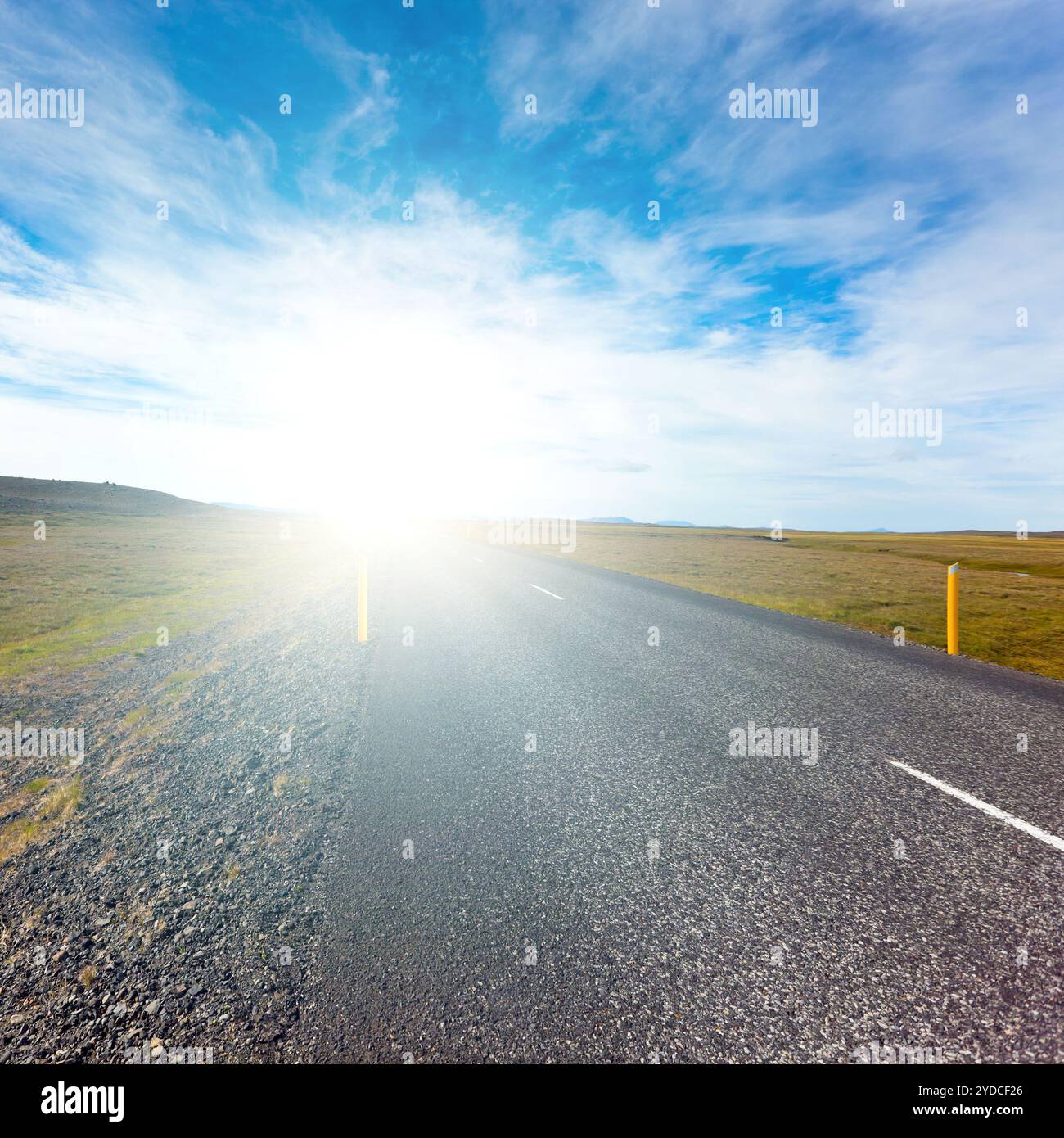 Asphalt Road field landscape with the bright solar effect Stock Photo ...
