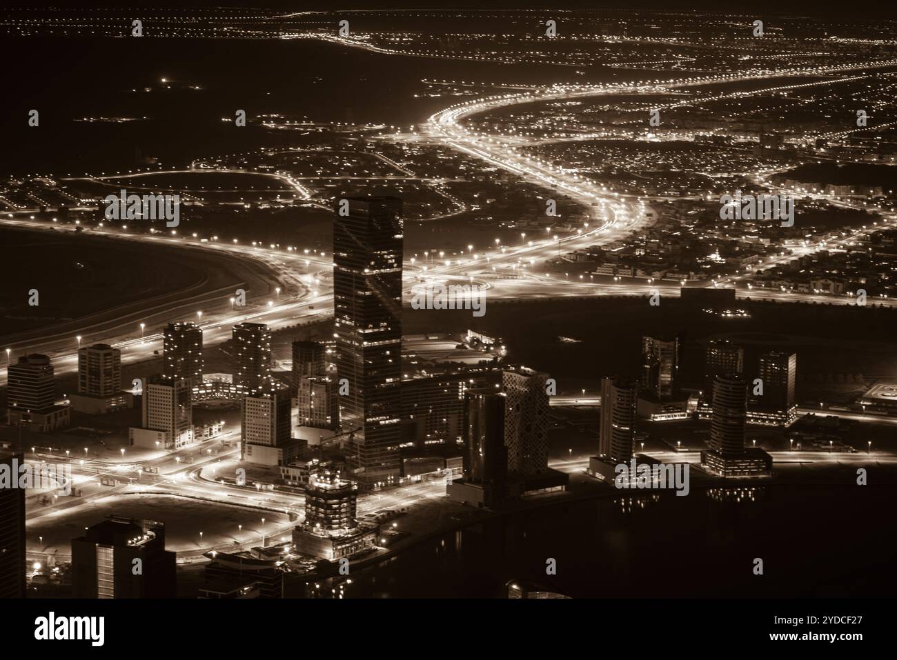 Dubai downtown night scene with city lights. Top view Stock Photo - Alamy