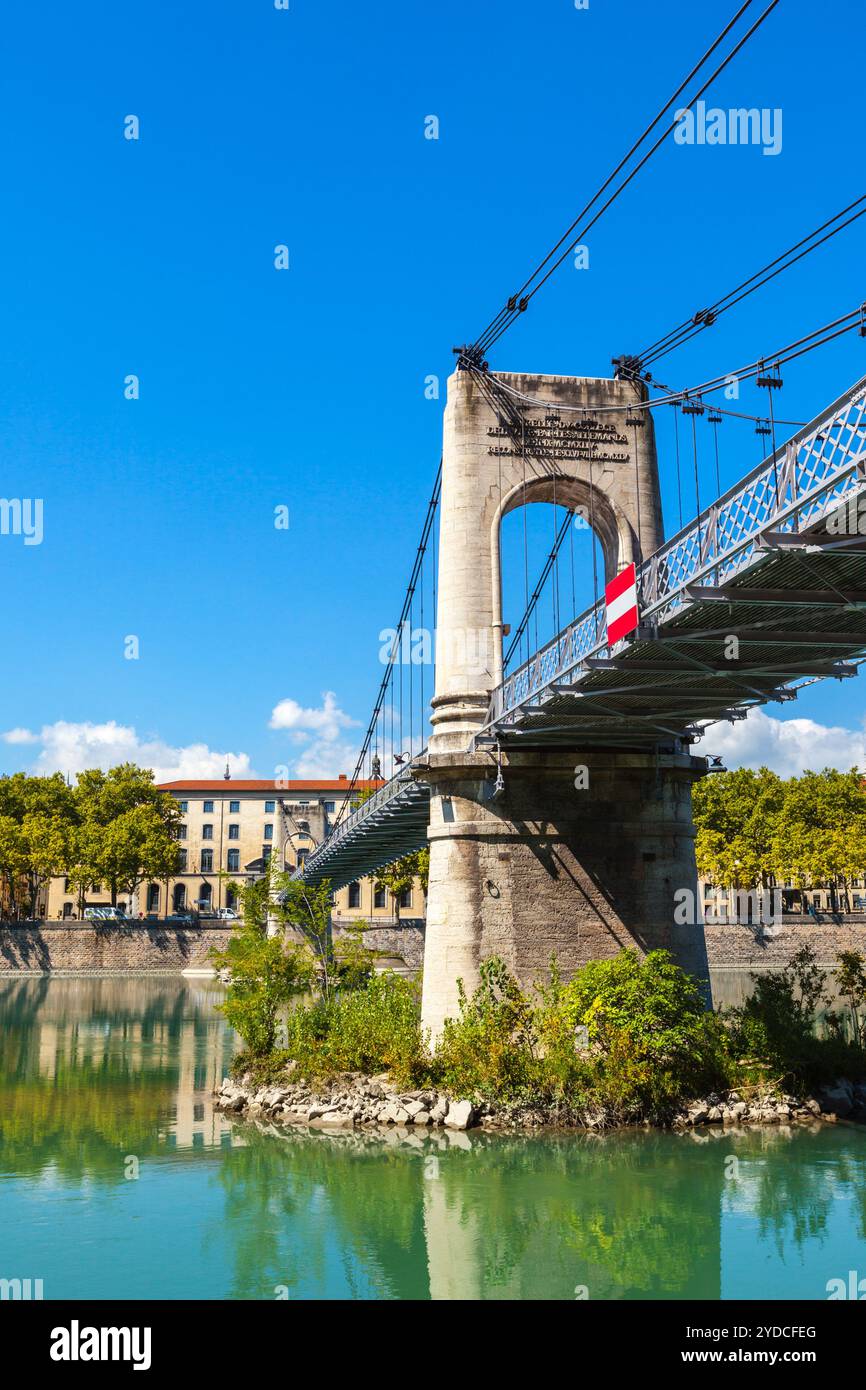 Old Passerelle du College bridge over Rhone river in Lyon, France Stock ...