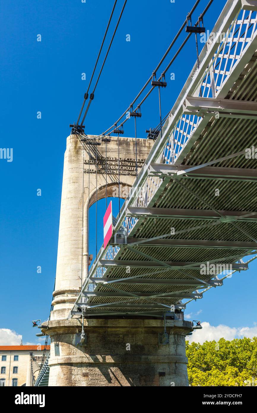 Old Passerelle du College bridge over Rhone river in Lyon, France Stock ...