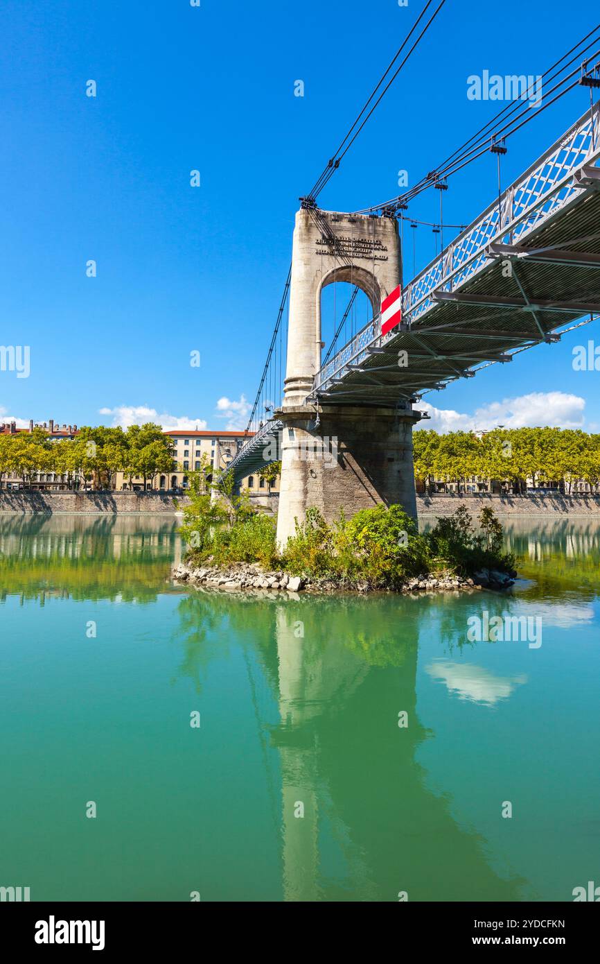 Old Passerelle du College bridge over Rhone river in Lyon, France Stock ...