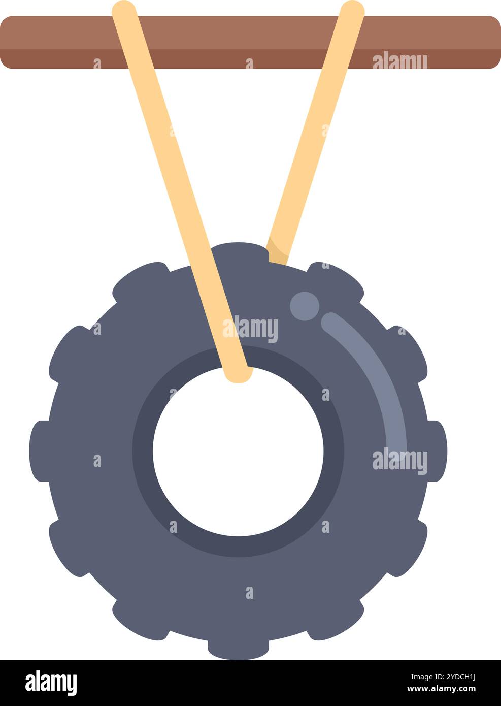 Tire swing is hanging from a wooden plank using rope, isolated on white ...