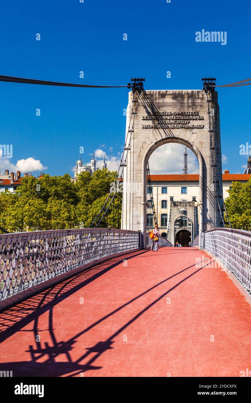 Old Passerelle du College bridge over Rhone river in Lyon, France Stock ...