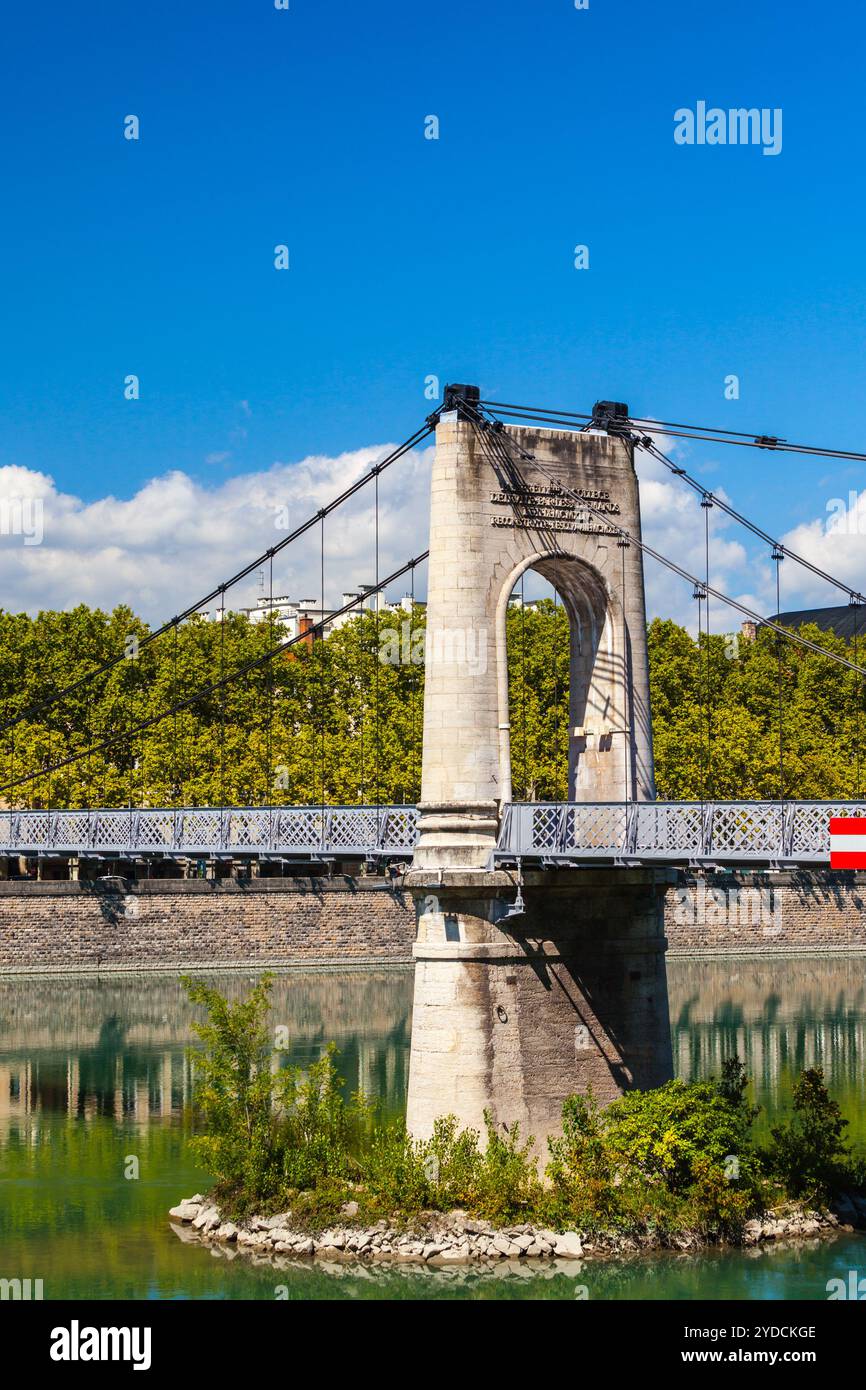 Old Passerelle du College bridge over Rhone river in Lyon, France Stock ...