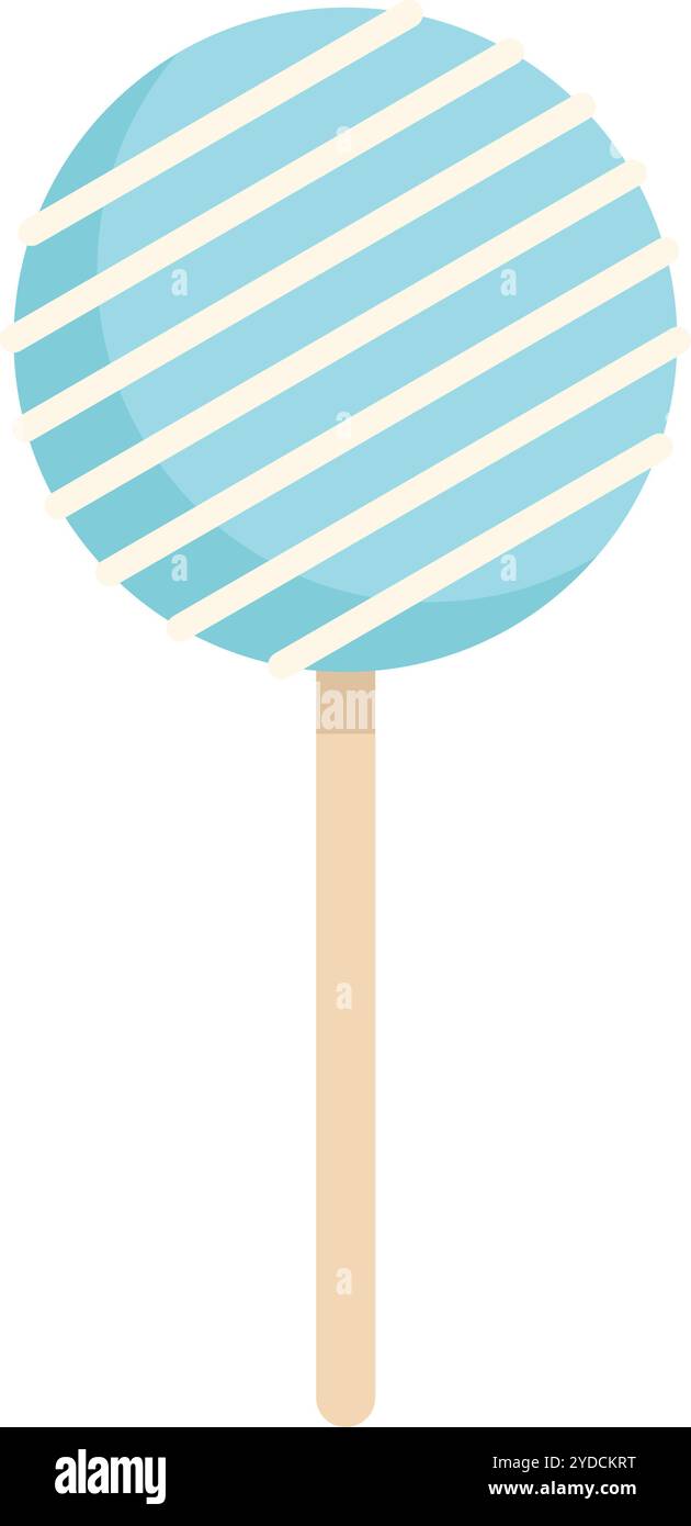 Round blue lollipop with white stripes is standing on a wooden stick on ...
