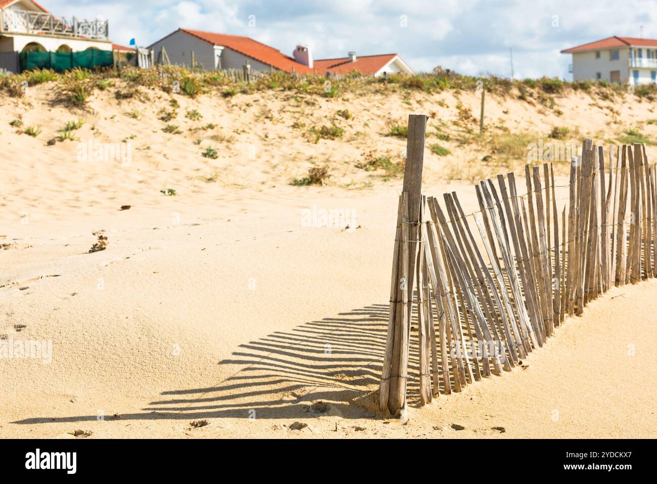 Wooden fence on an Atlantic beach in France, The Gironde Department ...